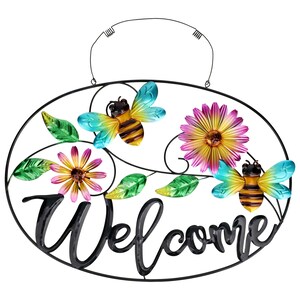 View Hanging Spring-Themed Floral Welcome Sign,