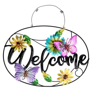 View Hanging Spring-Themed Floral Welcome Sign,