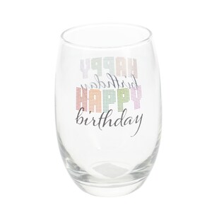 View Happy Birthday Stemless Wine Glass,