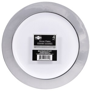 View Silver-Rimmed White Plastic Dinner Plates,