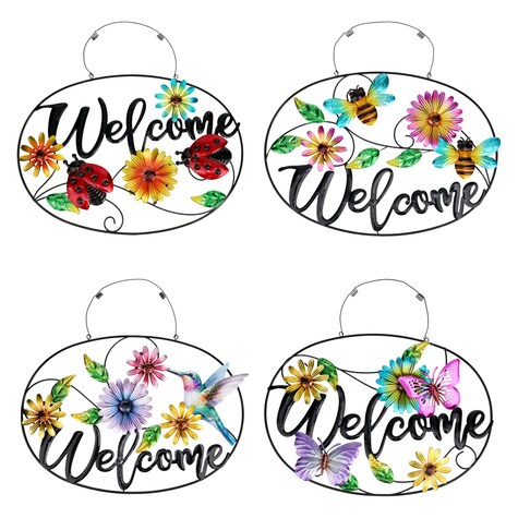 View Hanging Spring-Themed Floral Welcome Sign,