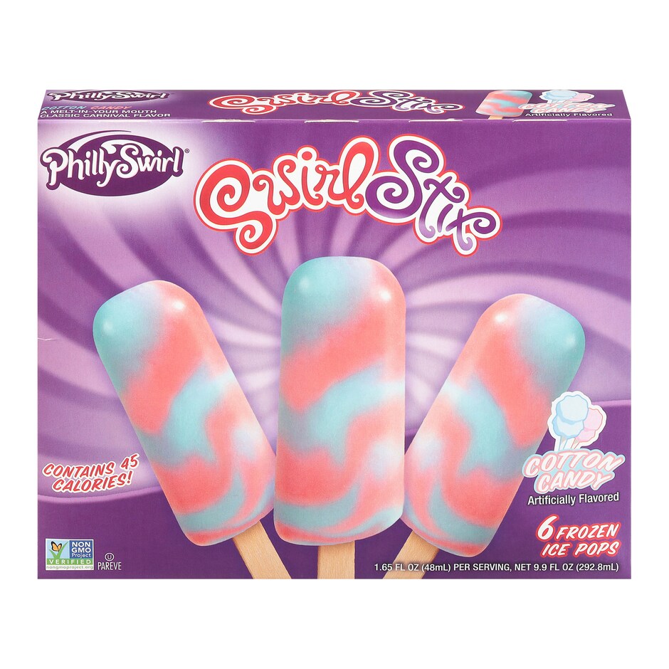 PhillySwirl SwirlStix Cotton Candy Flavored Frozen Ice Pops, 6-pc Pack.