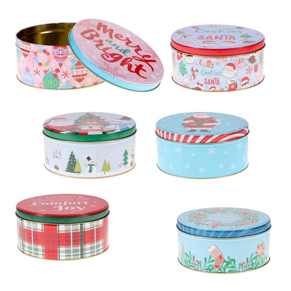 Christmas House Round Printed Tin With Lid, 2-pc Pack.