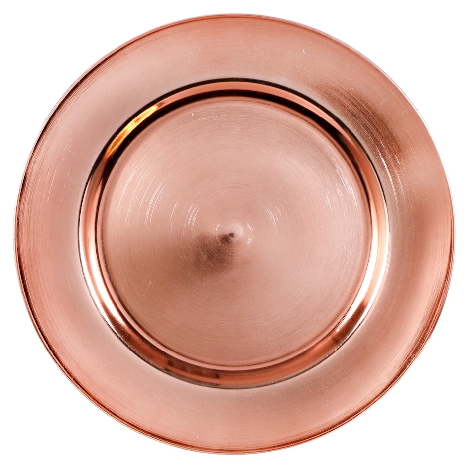 295850-Metallic Rose Gold Plastic Charger Plates, 13 in.