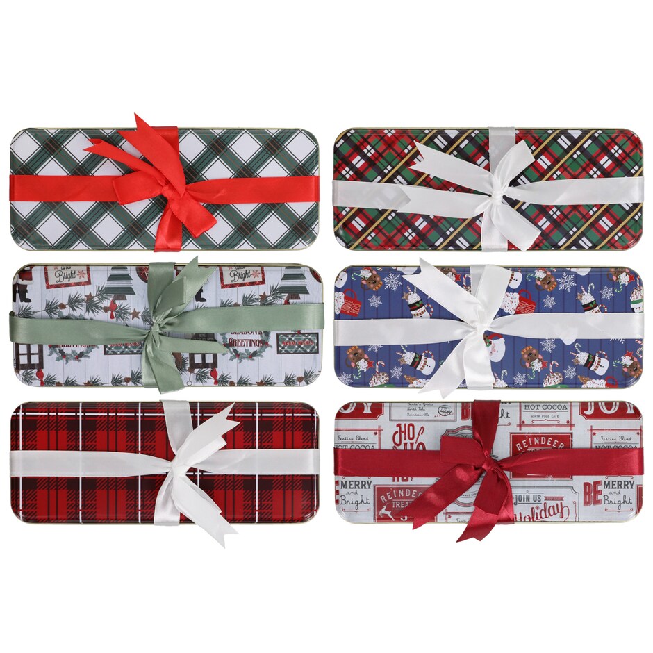 Christmas House Rectangular Tins with Ribbons and Lids