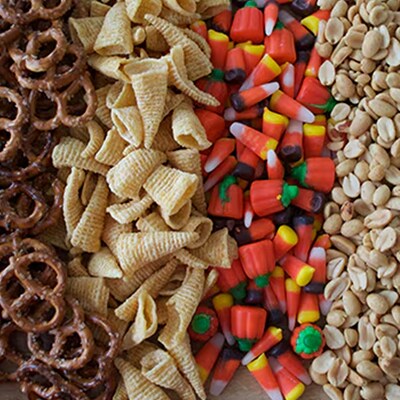 Blog idea: fall snack mix made from pretzels, candy corn, peanuts, and more