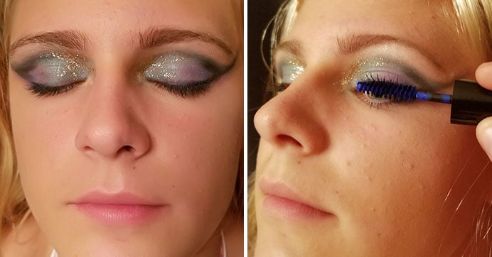 Apply blue mascara for the mermaid look.