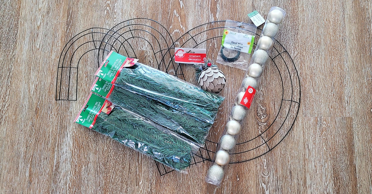 wreath forms and garland ties with ornaments and floral wire