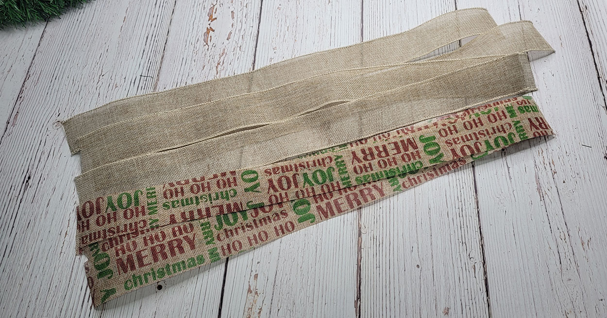 strips of burlap and Christmas ribbon