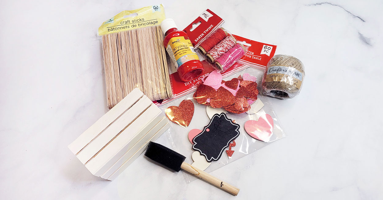 Wooden crate, natural craft sticks, red paint, heart stickers ...