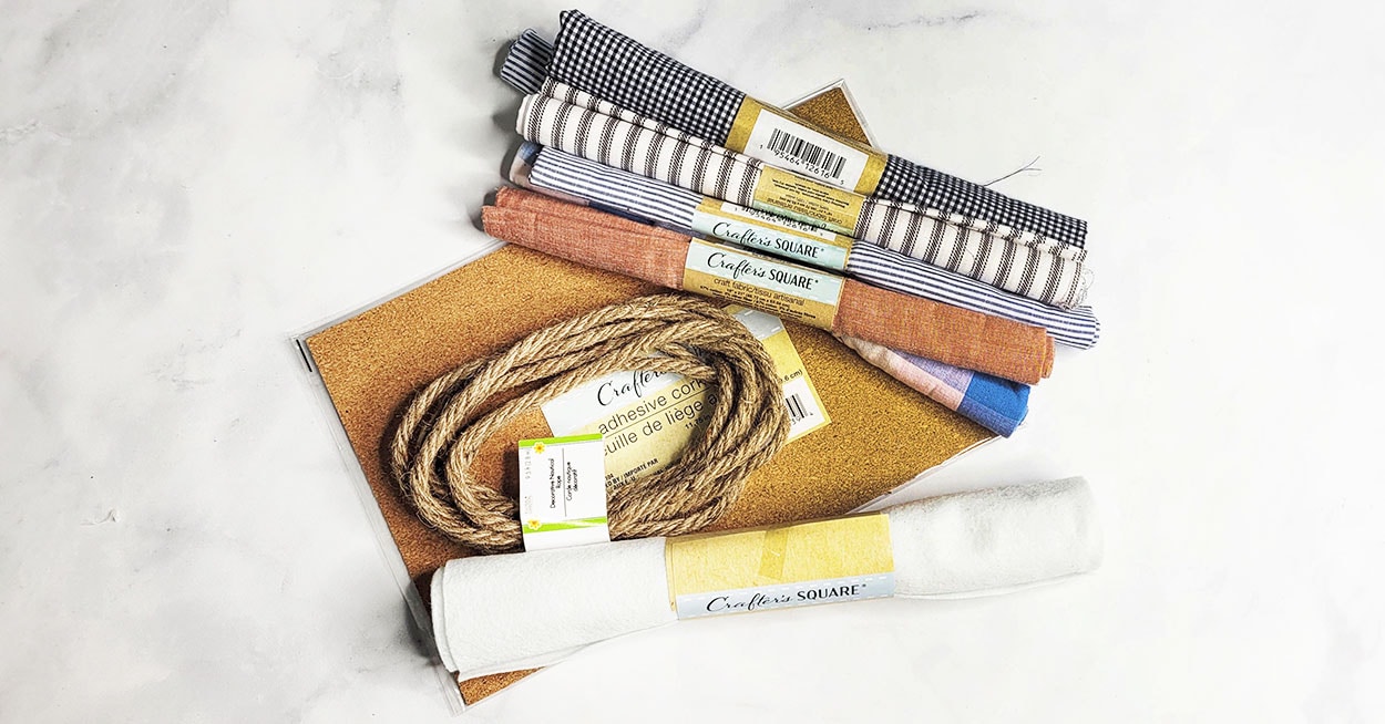 Cork sheet, felt, rolls of fabric, natural jute cord.