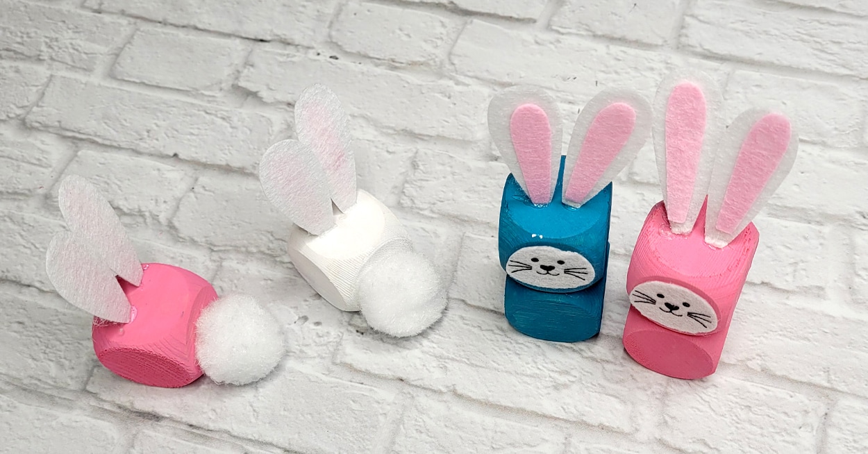 Easter bunny craft made from wooden cubes.