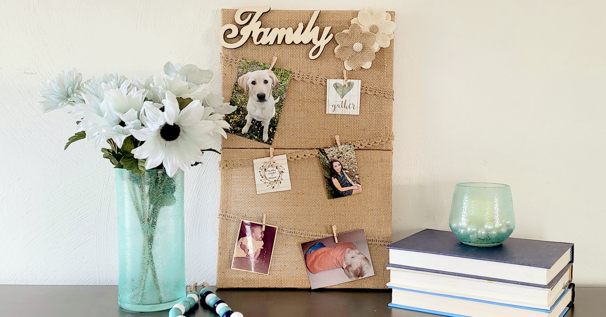 Two burlap canvases glued together and decorated with photos, flowers ...