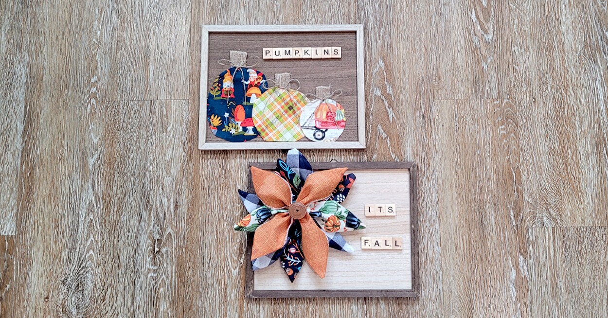 Two farmhouse-style signs made with fabric, ribbon, and letter tiles.