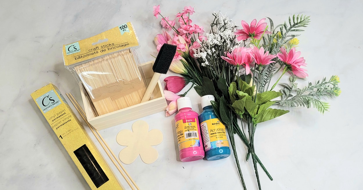 Craft sticks, wooden crate, skewers, flowers, package of vinyl paper ...